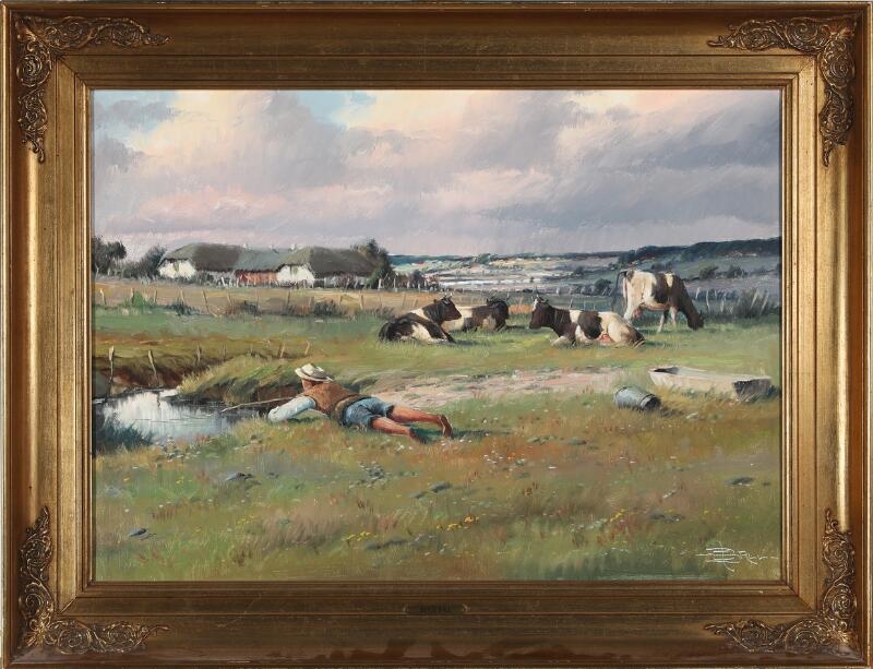 Borge Ball | Scenery with a fishing boy and cows on the field | MutualArt