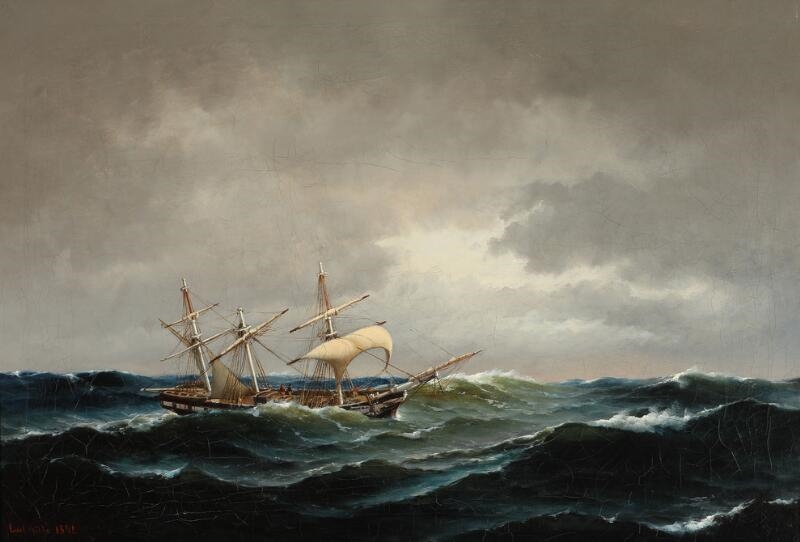 Carl Ludwig Bille | A ship with reefed sails in rough weather (1871 ...