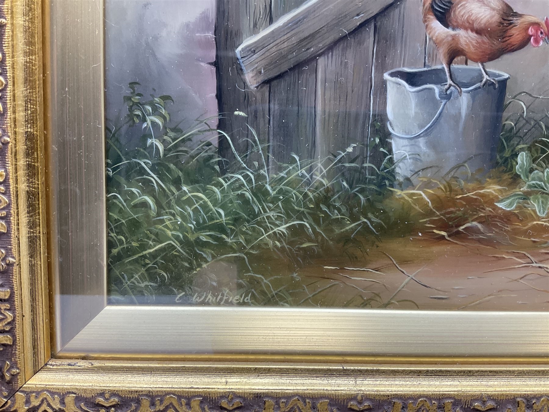 Carl Whitfield | Chickens and Chicks by a Farm Gate watched by a Donkey ...