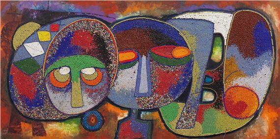 Jimoh Buraimoh | Two bead pictures (i-ii): Faces; Revolution | MutualArt