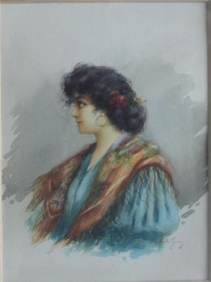 Umberto Zini | Portrait d'une italienne de profil Aquarelle signée en ...