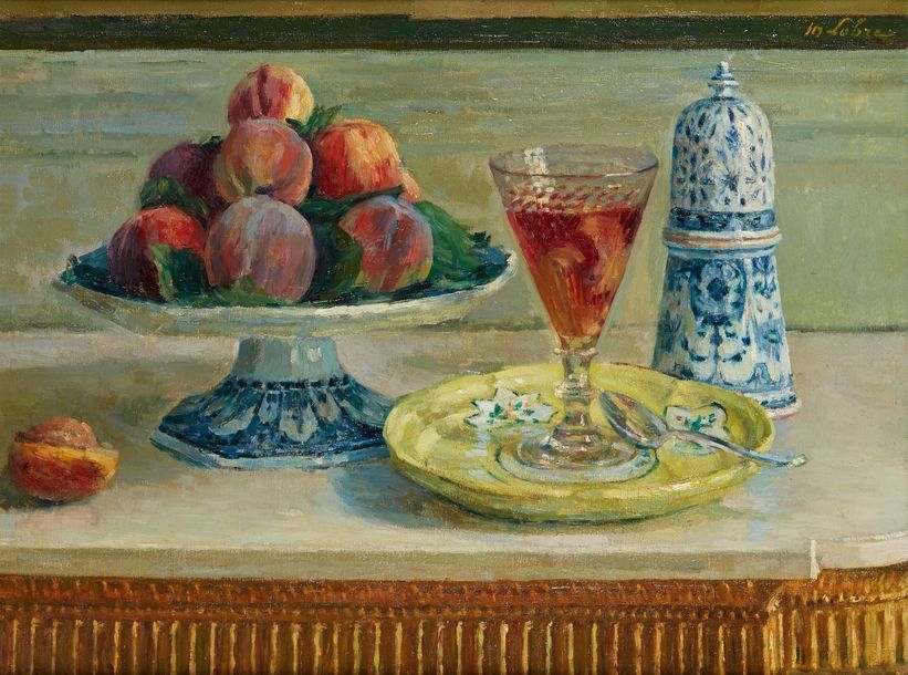 Maurice Lobre | Nature morte aux pêches Huile sur toile signée en haut ...