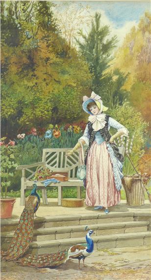 J. Lowe | depicting a woman stood in a garden feeding two peacocks ...