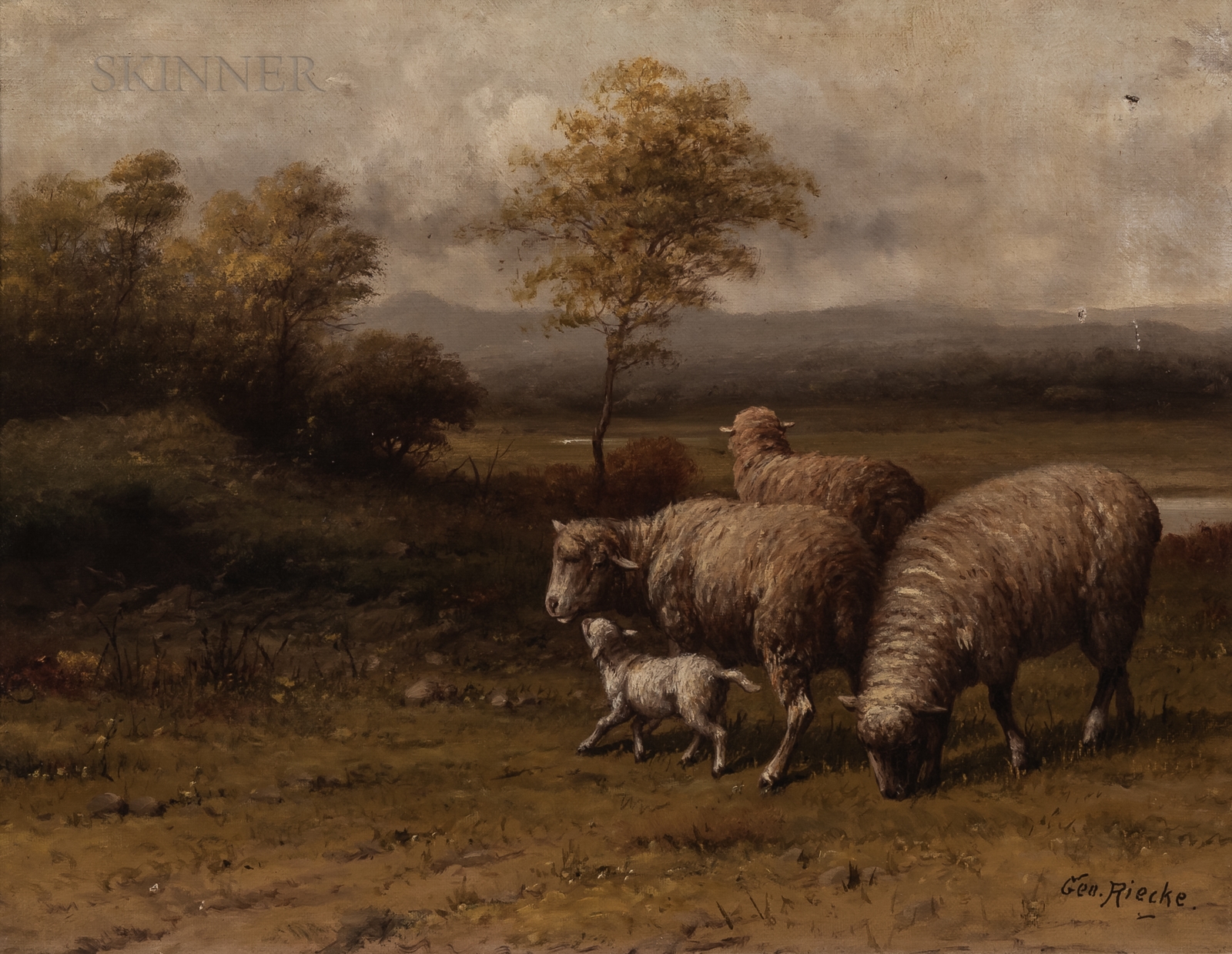 George Riecke | Sheep and Lamb in a Misty Landscape | MutualArt