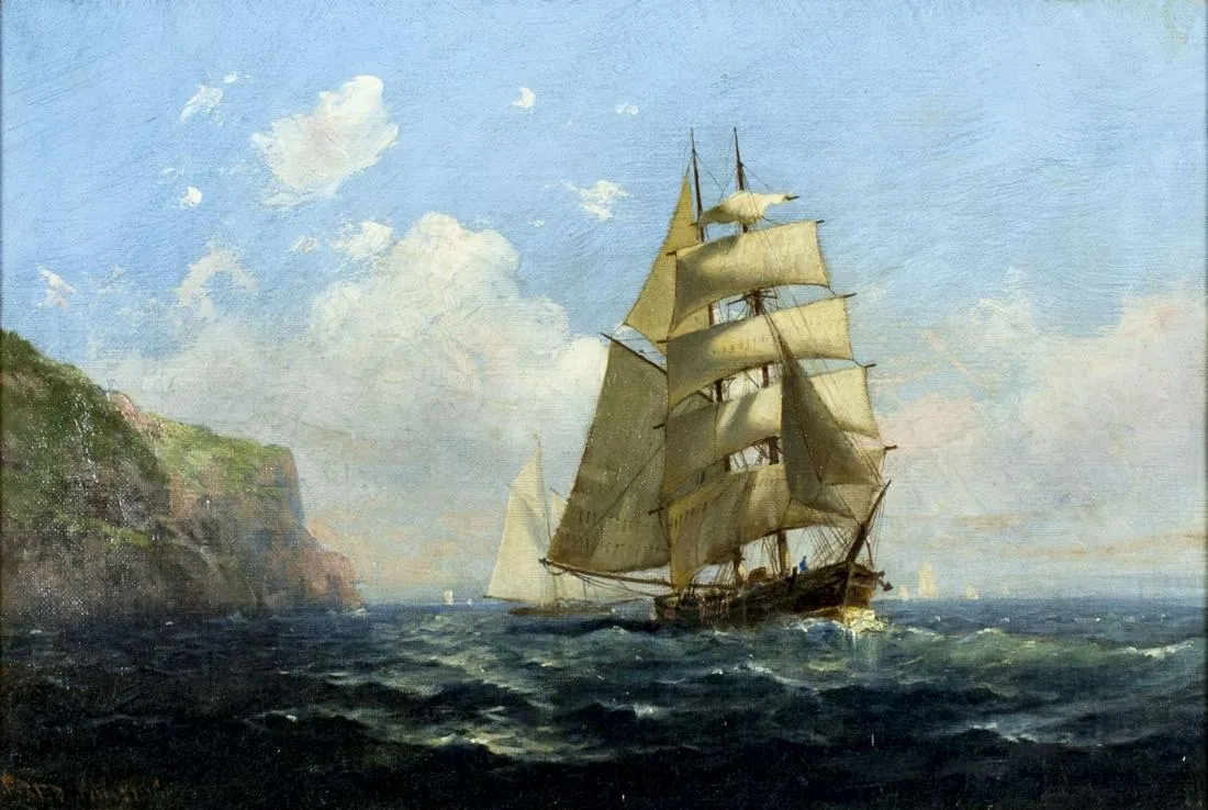 Fred Pansing | Brigantine Hugging a Sheer Cliff Coast | MutualArt