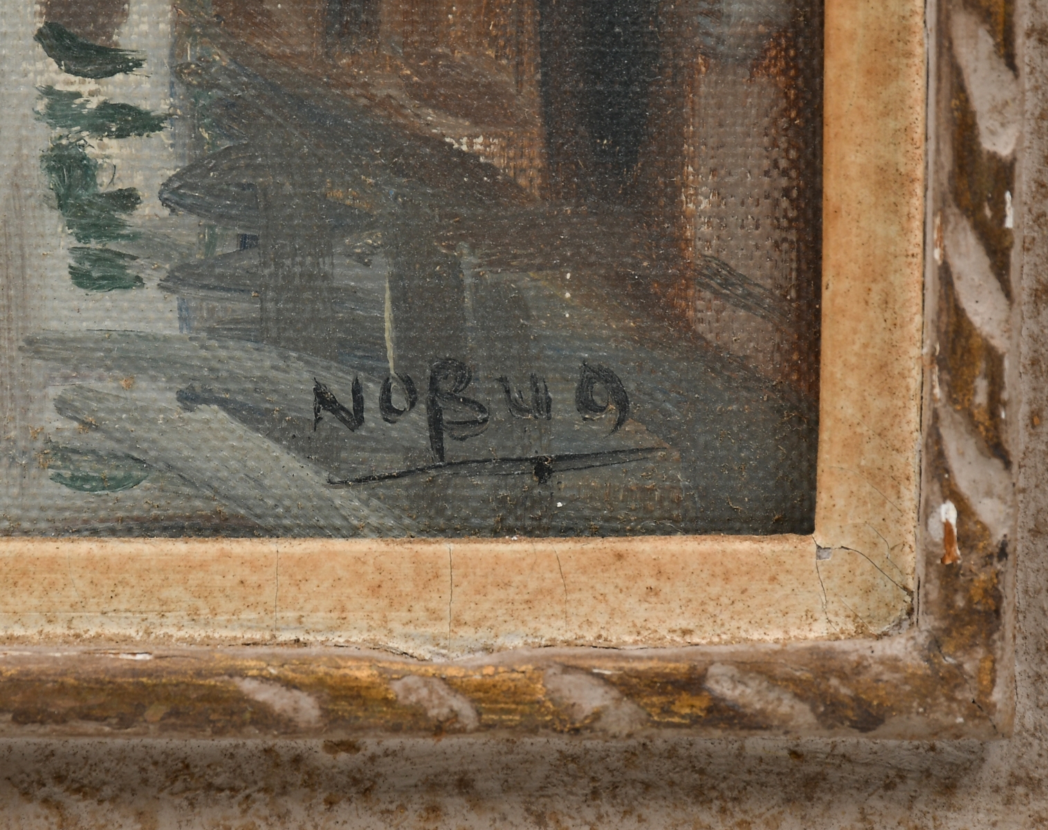 Nobuo Hayashi | Japanese Rainy Day Street Scene with Temple in the ...