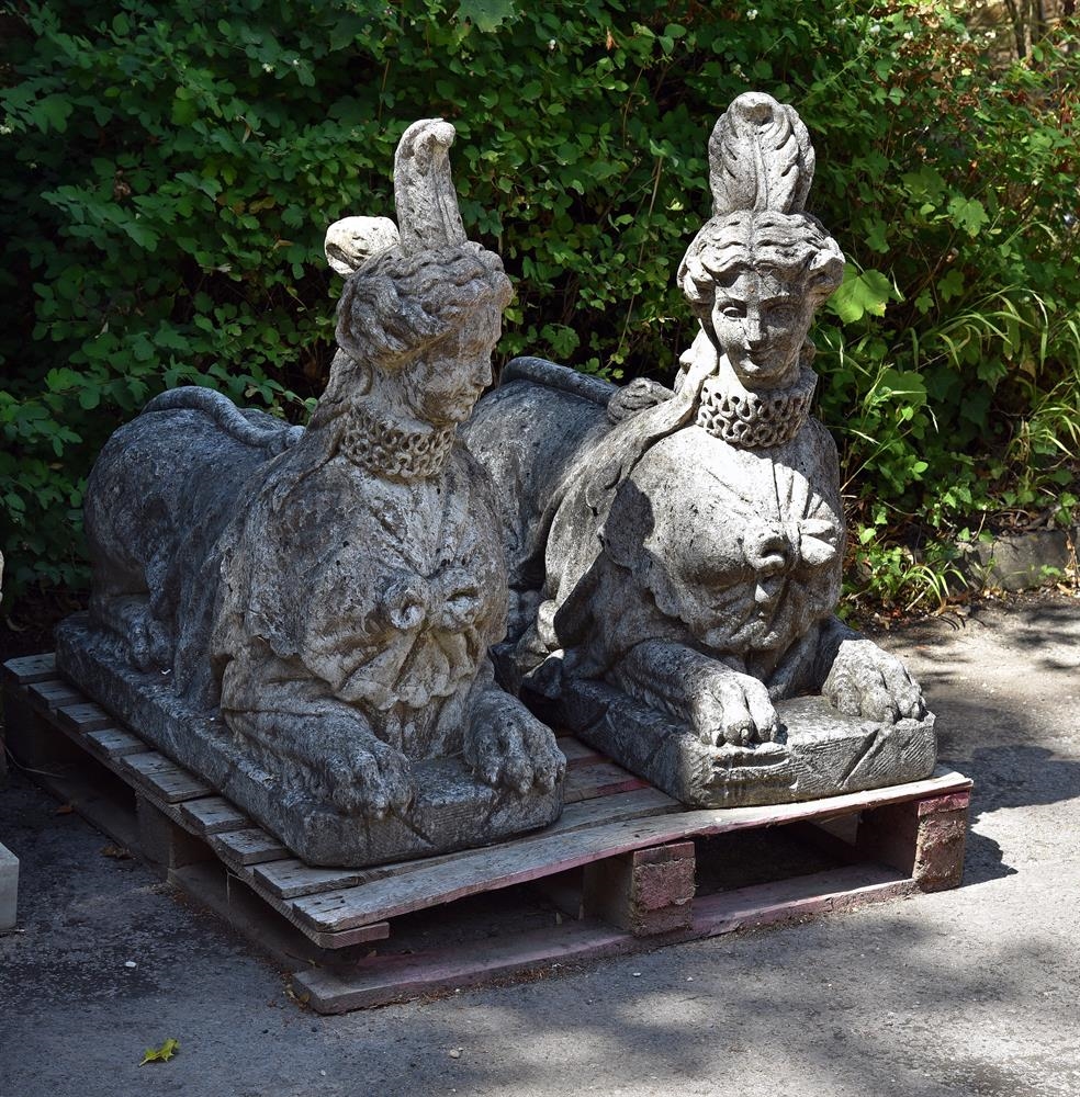 Austin And Seeley | A PAIR OF COMPOSITION STONE SPHINXES ON PEDESTAL ...