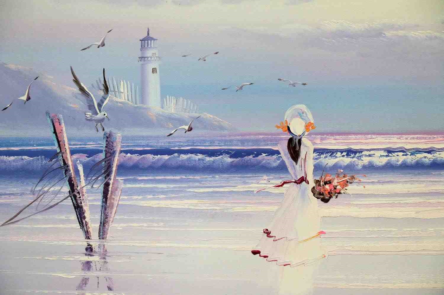 Lilly Carr | Coastal scene with sailboats and light house (1980s ...