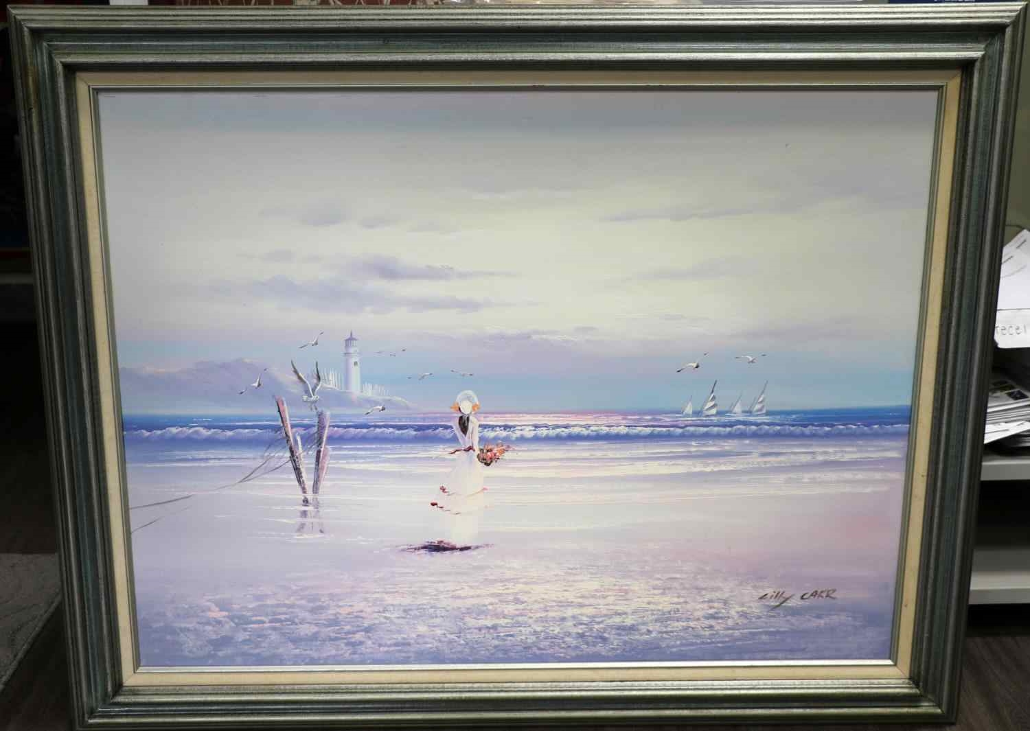 Lilly Carr | Coastal scene with sailboats and light house (1980s ...