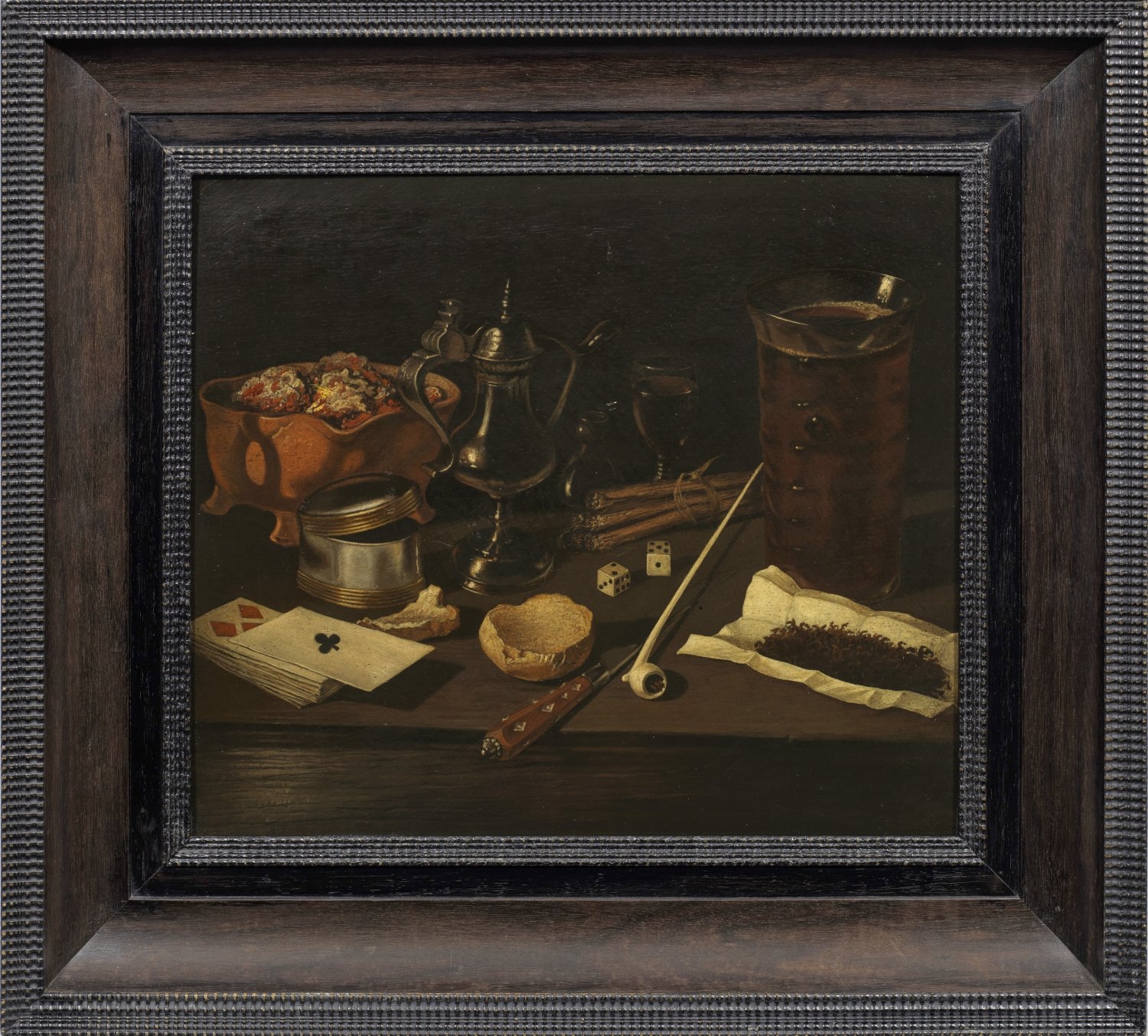 Jan Fris | A 'Toebakje', a glass, playing cards, a tobacco box, a ...