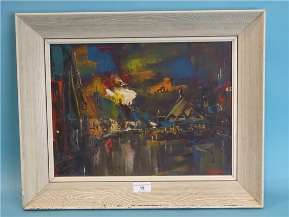 George Richard Deakins | Evening Harbour Scene with Buildings | MutualArt