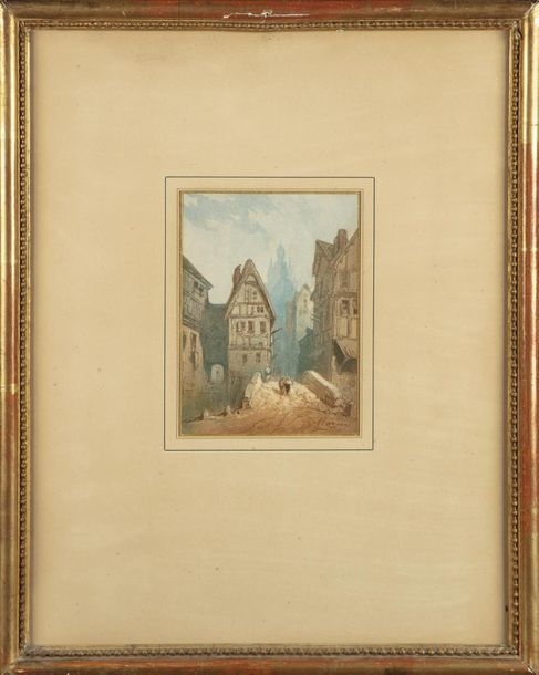 Paul Marny | Rue de ville au petit pont Aquarelle et lavis d'encre ...