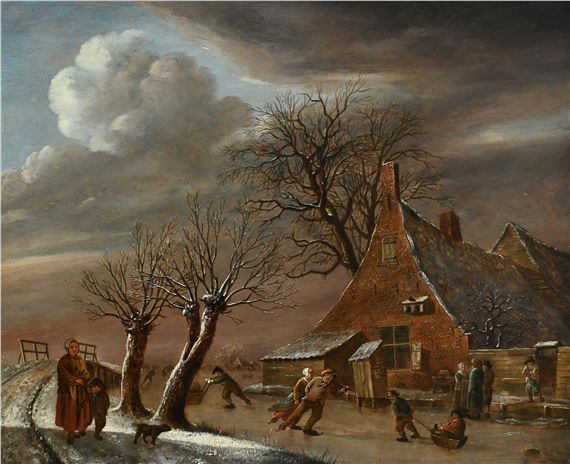 Johannes Christiaan Janson | Winter landscape with figures skating on a ...