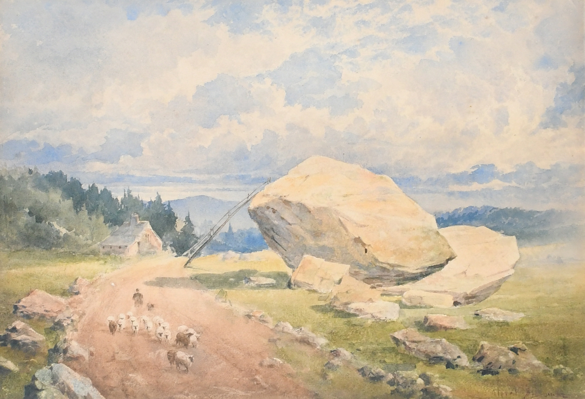 Frederick Alfred Slocombe | A shepherd and his flock passing the Bowder ...