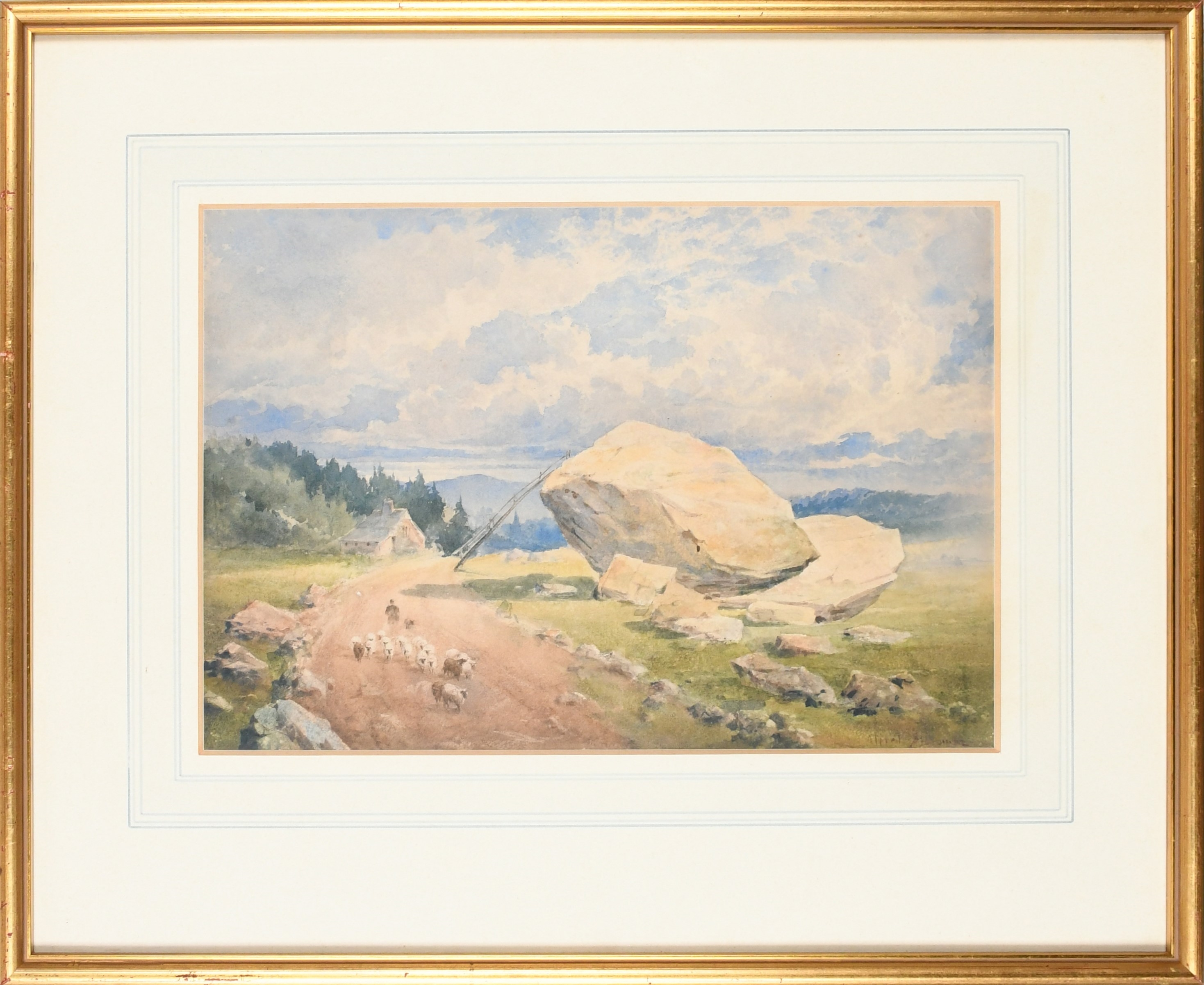 Frederick Alfred Slocombe | A shepherd and his flock passing the Bowder ...