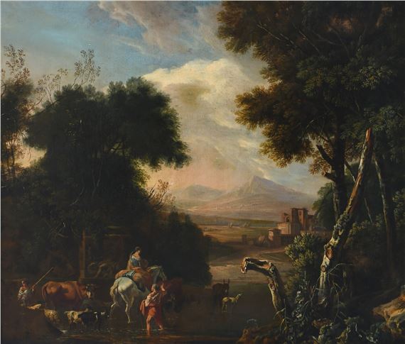 Adam Pynacker | Italianate landscape with figures and animals fording a ...