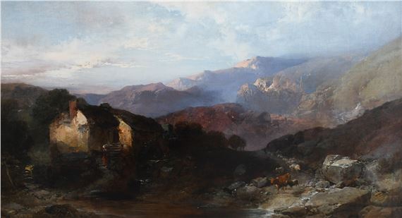 Henry Bright | Mountainous landscape with figures, cattle and sheep ...