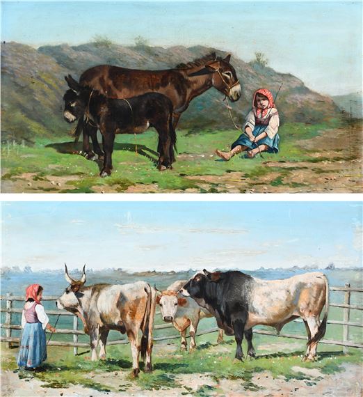 Continental School, 19th Century | Landscape with a young girl and two donkeys; Landscape with a ...
