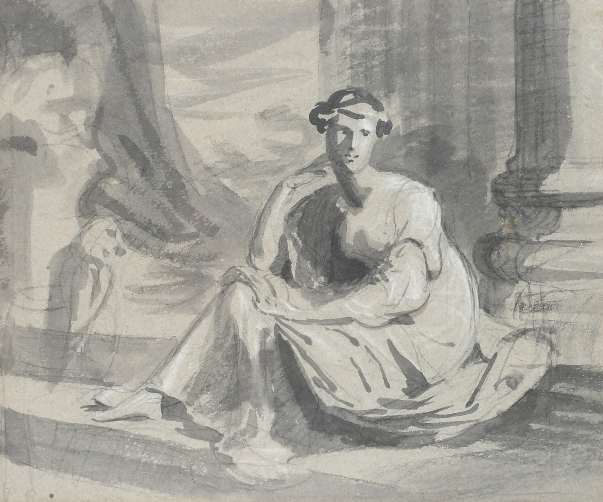 British School, 18th Century | Classical maiden seated by a column ...