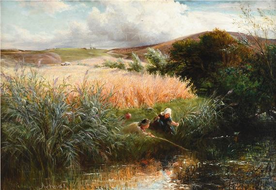 Charles James Lewis | Landscape with children fishing in a stream by a ...