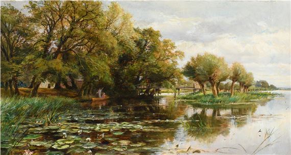 Charles James Lewis | River landscape with figures in a punt near a ...