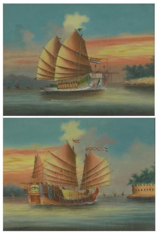 Chinese School | Two Chinese School oil paintings of junks off the ...