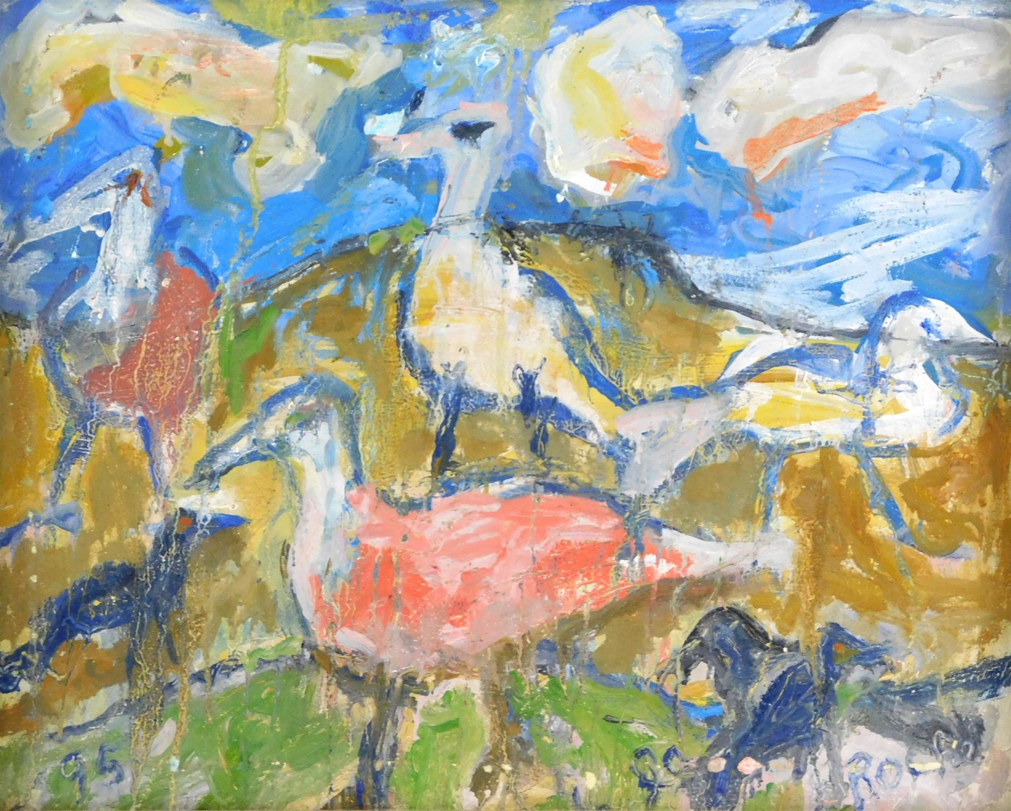 Janet Ament de la Roche | Abstract beach scene with birds in pastel ...