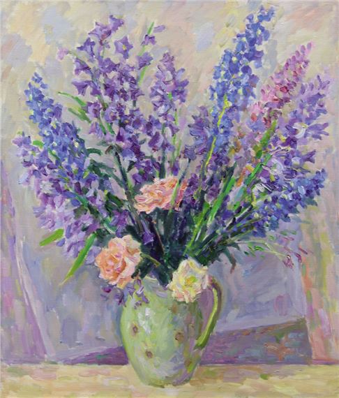 Viktor A. Borzov | Still life with lupines and roses (2006) | MutualArt