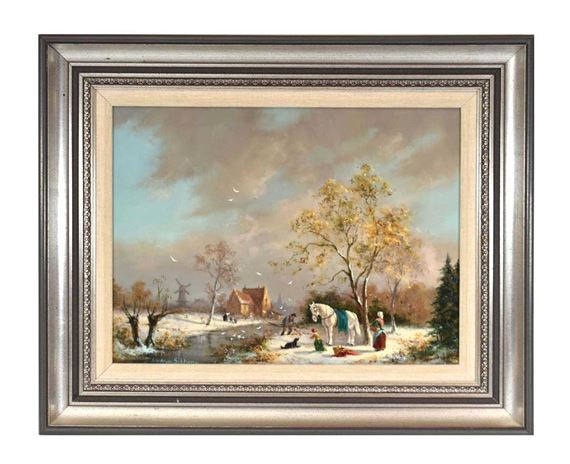 Gudrun Sibbons | A family and their horse by a river, a church spire in ...