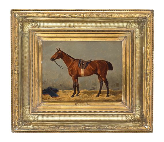 Emil Volkers | A Saddled Bay Horse in a Stable (1895) | MutualArt