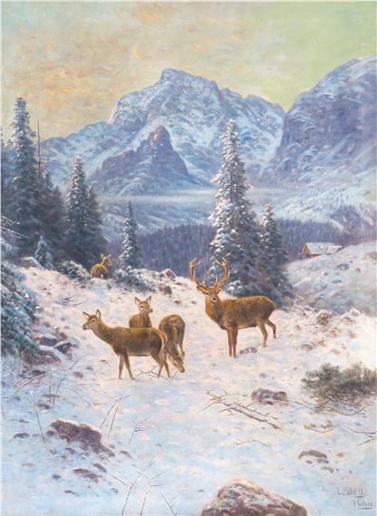 Ludwig Skell | A Herd of Red Deer in Winter | MutualArt