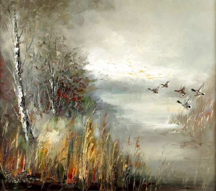 Jan Bévort | Landschaft mit Teich u. aufsteigenden Enten | MutualArt