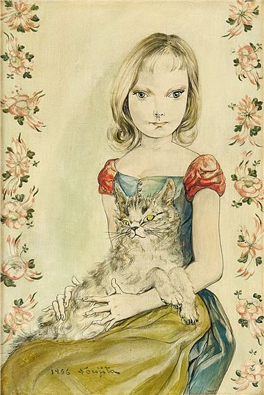 Leonard Tsuguharu Foujita | Jeune fille au chat (1956) | MutualArt