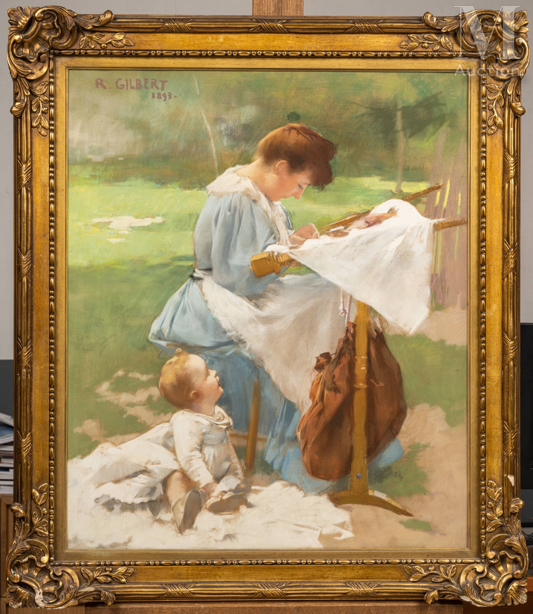 R. Gilbert | Jeune femme à la couture et son bébé (1893) | MutualArt
