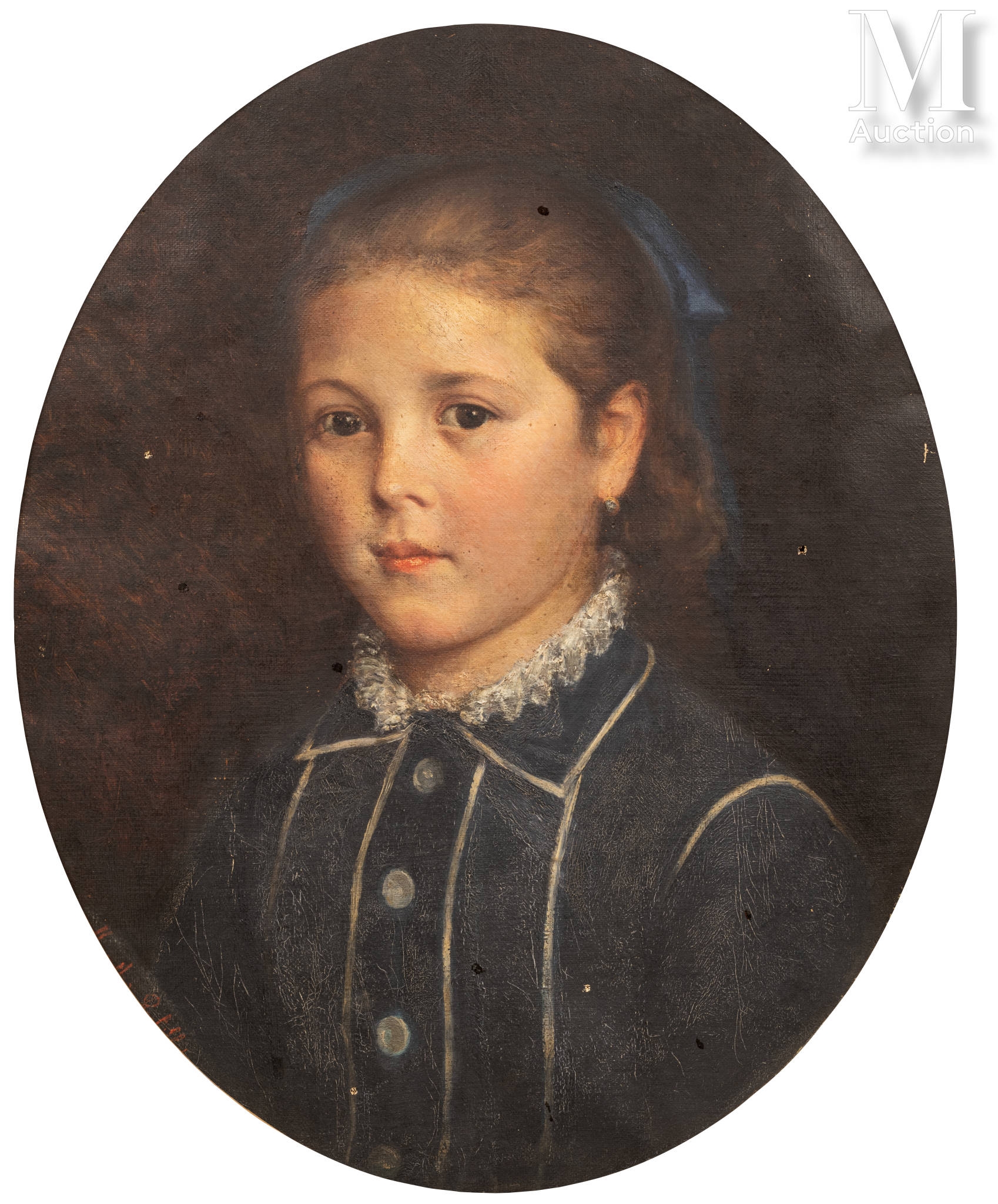 Marthe Blanche Robillot | Portrait de petite fille au nœud bleu | MutualArt