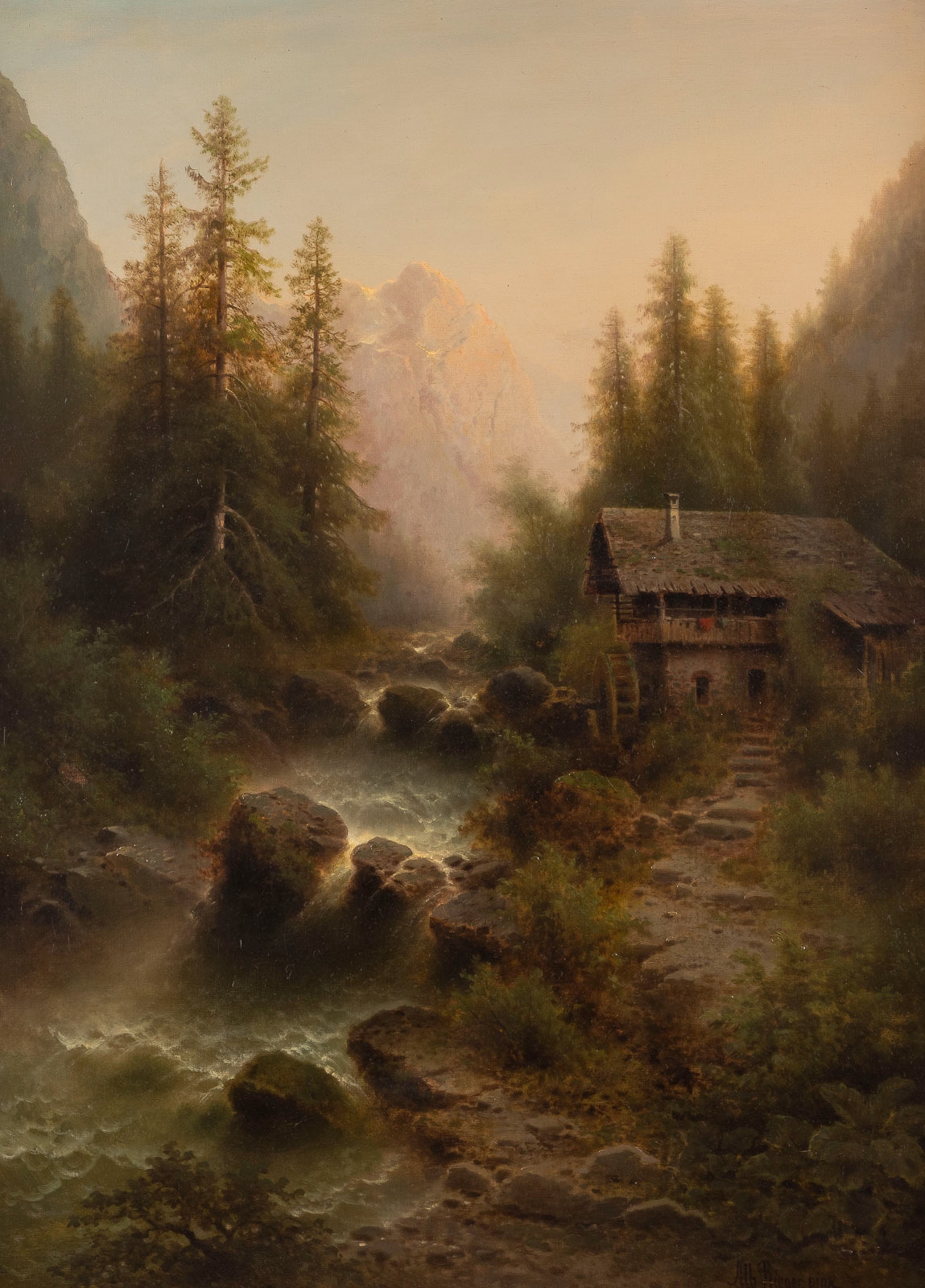 Albert Rieger | GEBIRGSWASSERFALL MIT MÜHLE | MutualArt