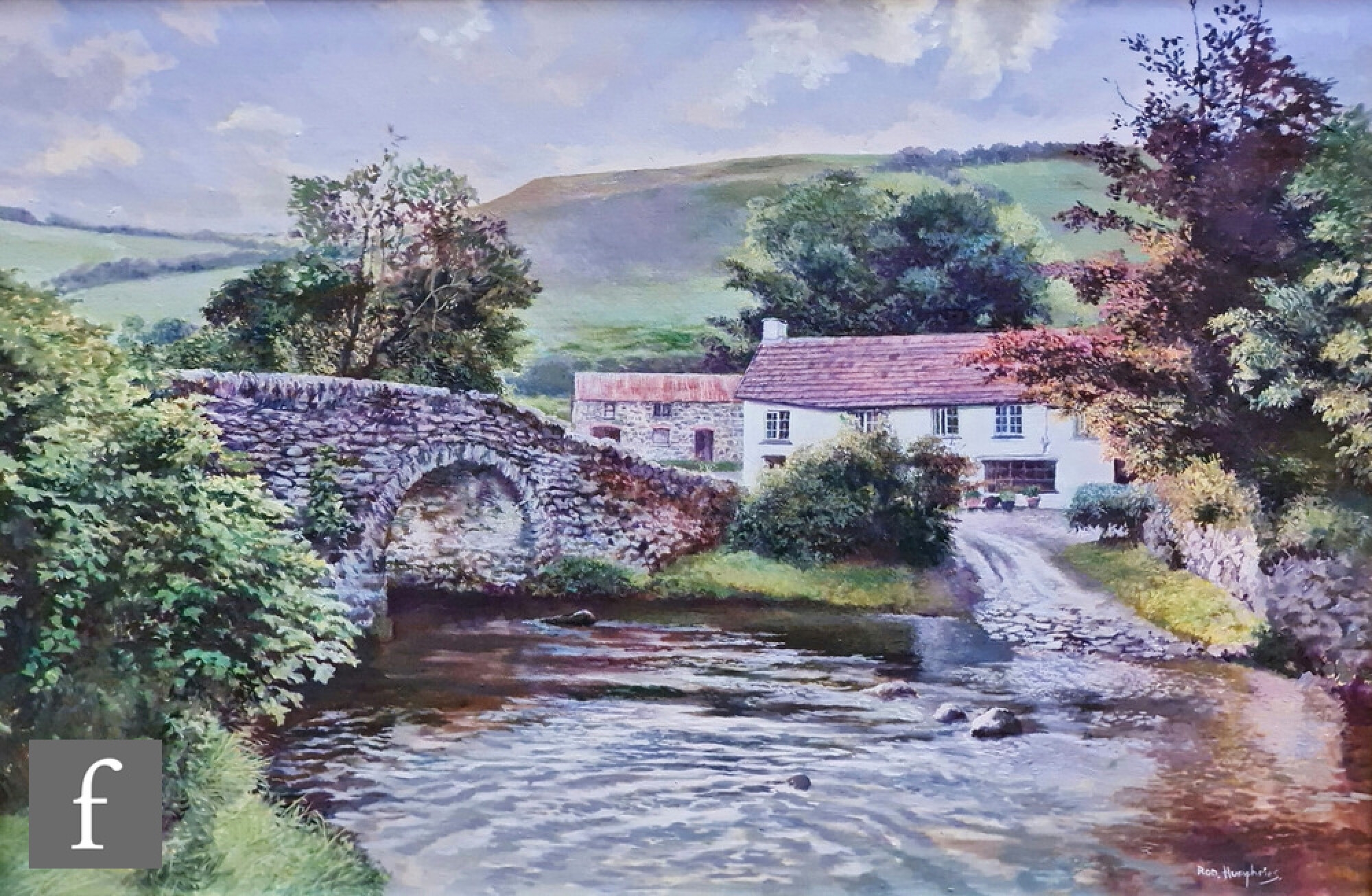 Ron Humphries | A bridge over a river with cottages beyond | MutualArt
