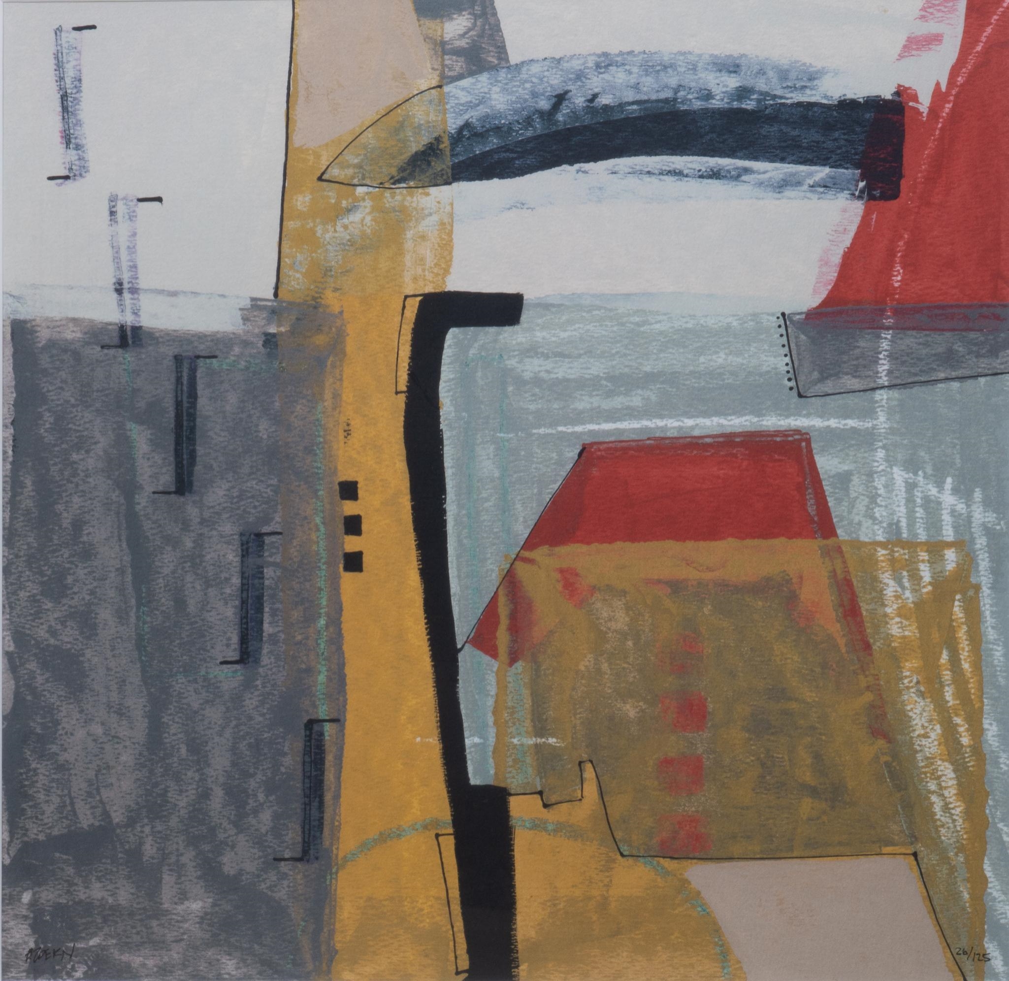 Barbara Zoern | Pair of yellow, red, & gray abstract prints (2) | MutualArt