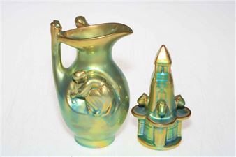Zsolnay Ceramic Factory | Zsolnay green lustre jug with relief maidens ...