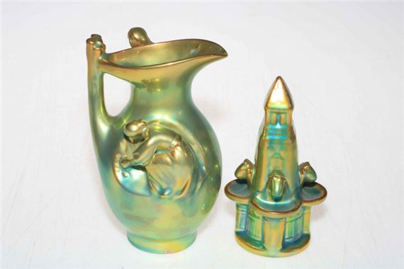 Zsolnay Ceramic Factory | Zsolnay green lustre jug with relief maidens ...