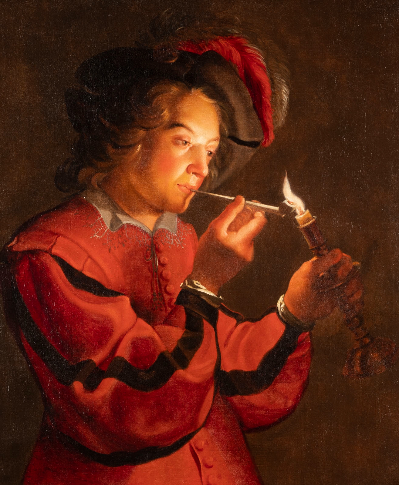 Gerrit van Honthorst | ELEGANT YOUNG CAVALIER LIGHTING HIS PIPE ON A ...