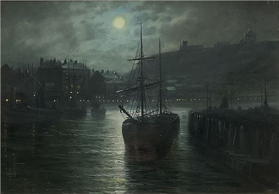 Walter Meegan | Dock End Whitby Harbour by Moonlight | MutualArt