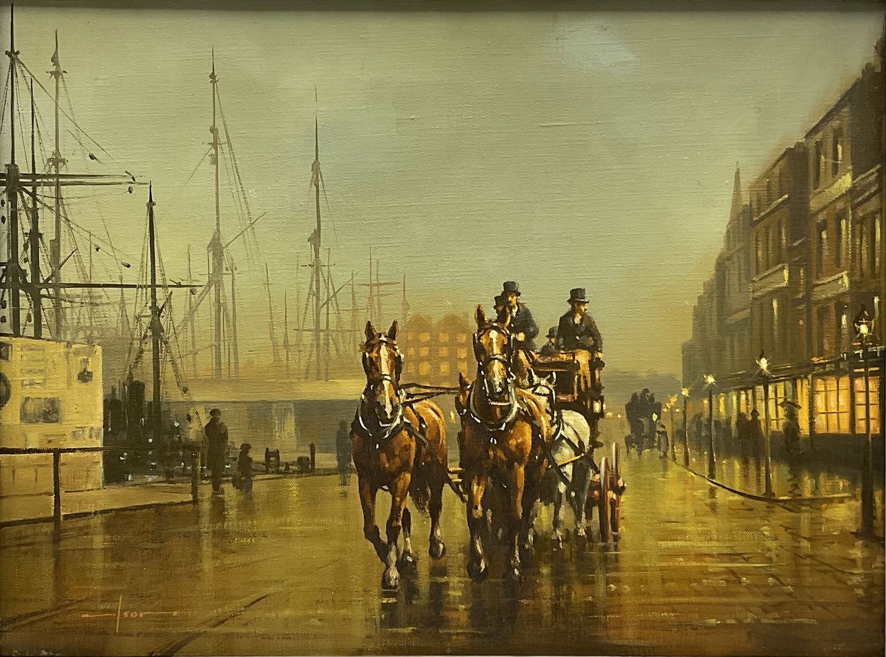 Gerald Isom | Horse and Carriage on the Dockside at Eventide | MutualArt