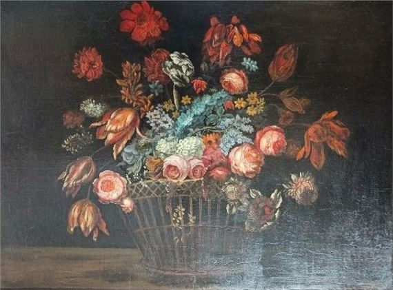 French School, 18th Century | Basket of flowers on an entablature ...