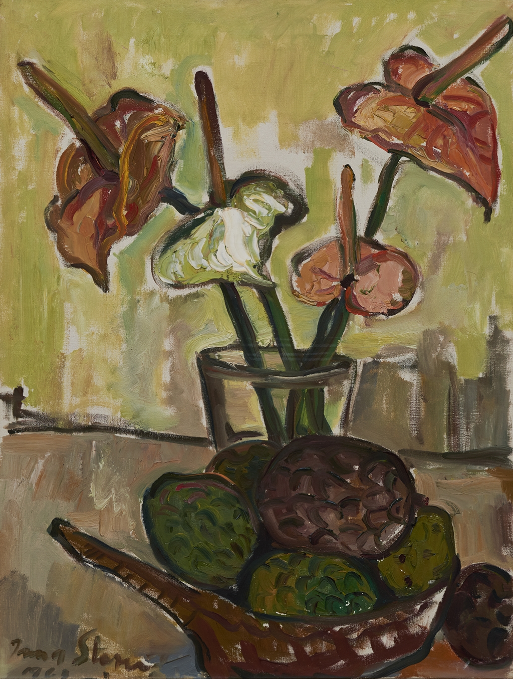 Irma Stern | Still Life with Anthuriums and Fruit (1961) | MutualArt