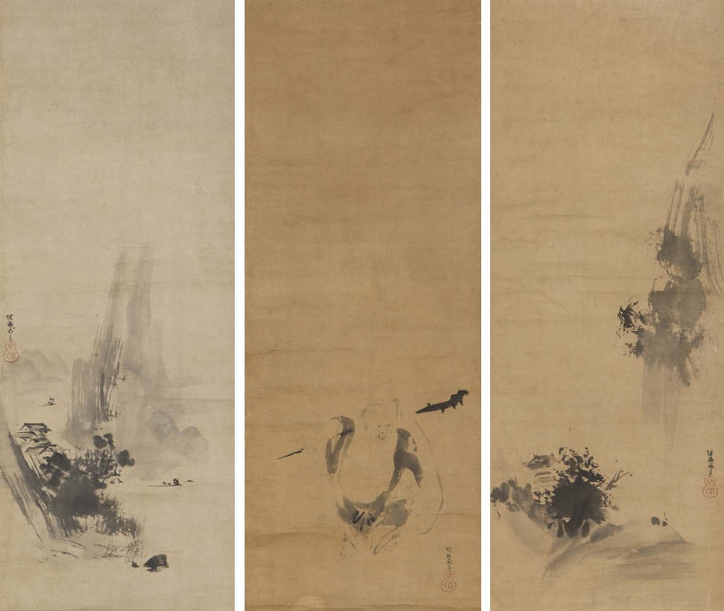Kano Tan'yu | Budai with landscape (a set of 3 scrolls) | MutualArt