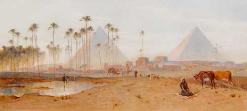 Frederick Goodall | Egyptian desert landscape with oasis, and the ...