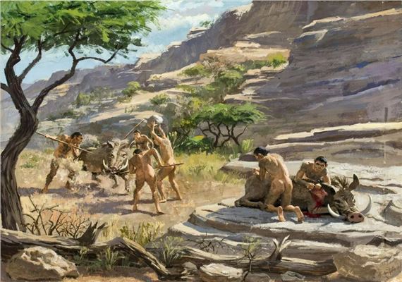 Gordon Johnson | Illustration - Neanderthal Hunting | MutualArt