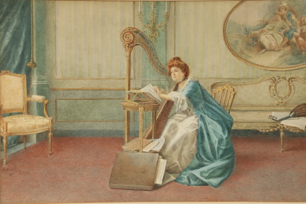 R. Moretti | Lady Playing Harp in Rich Interior | MutualArt