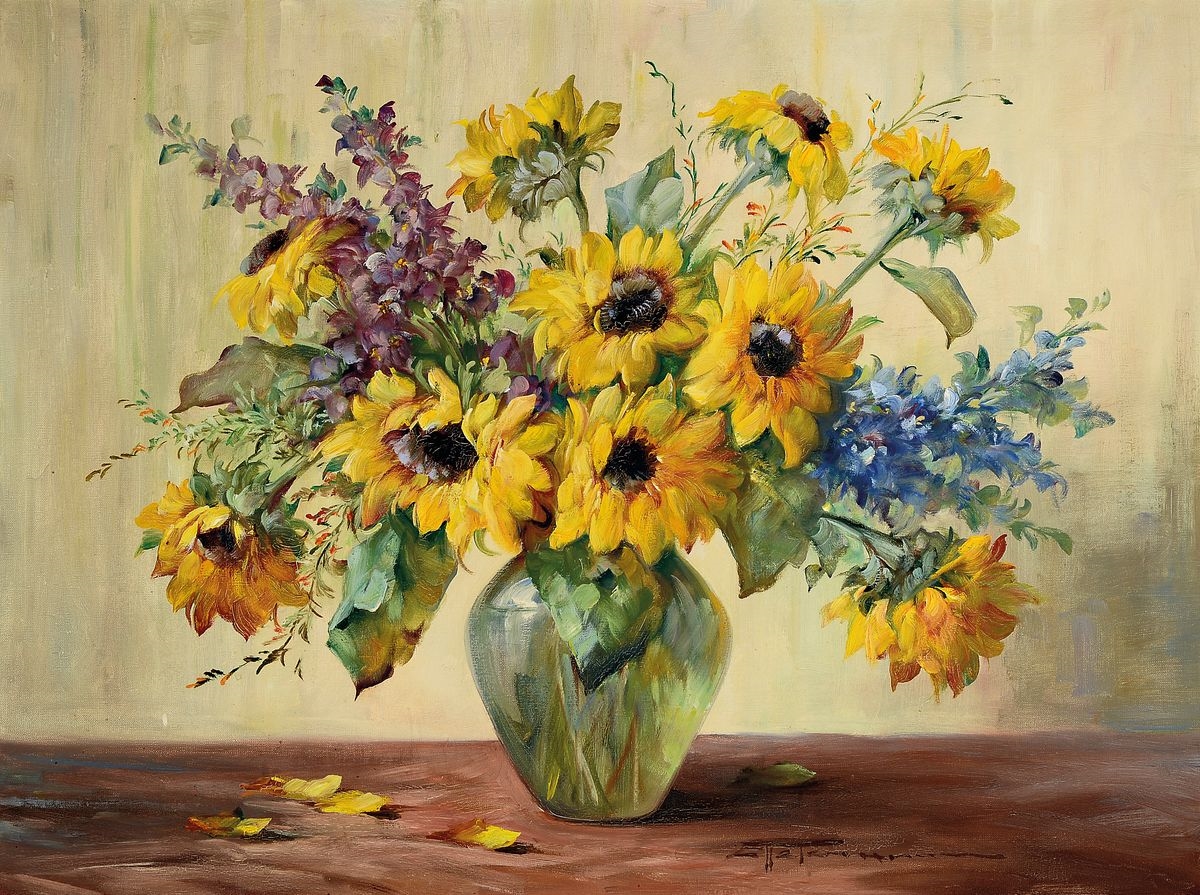 Hedwig Petermann | still life with sunflowers and larkspur | MutualArt